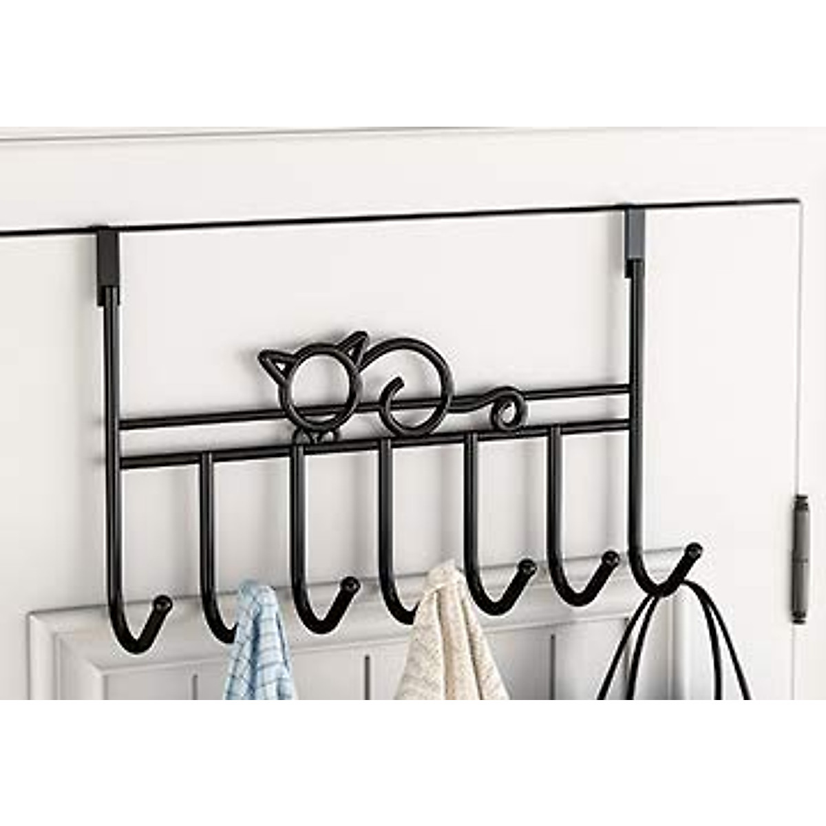 SHIMAJEE 7 Hanger Rack (Set of 2) Over The Door Hanger Rack, Decorative Metal Door Hanger Holder for Coats, Clothes, Hats (Cute Black Cat Set of 2)
