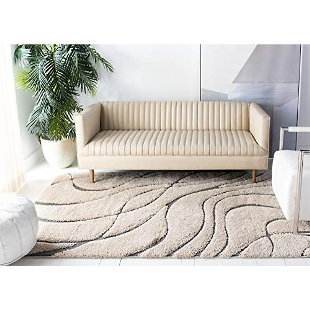 SAFAVIEH Florida Shag Collection Area Rug - 5'3" x 7'6", Cream & Grey, Non-Shedding & Easy Care, 1.2-inch Thick Ideal for High Traffic Areas in Living Room, Bedroom (SG471-1180)