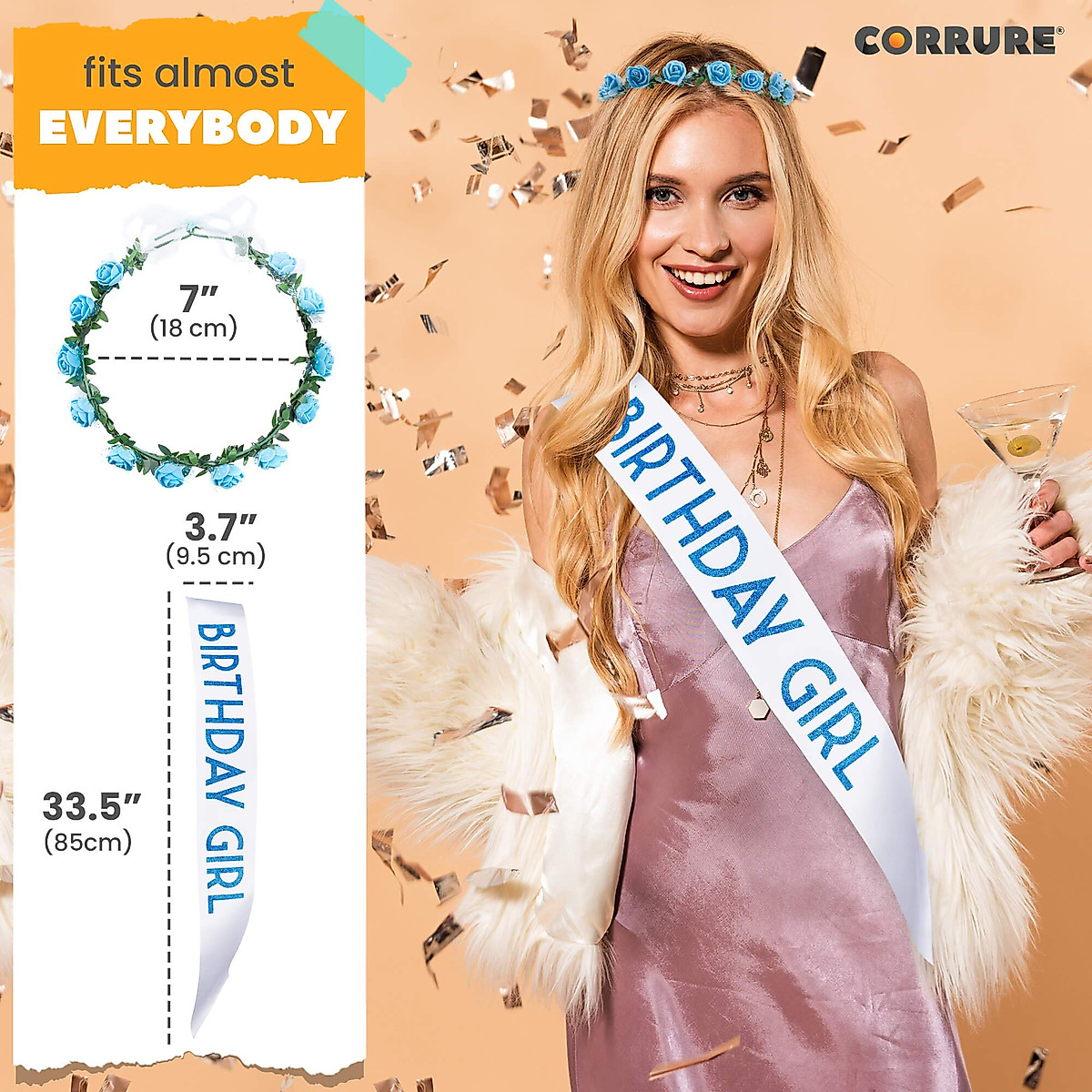 CORRURE 'Birthday Girl' Sash and Tiara - Soft Satin Black with Blue Glitter Birthday Sash for Women with Flower Headband - Ideal Sweet 16, 18th 21st 25th 30th 40th or Any Other Bday Party