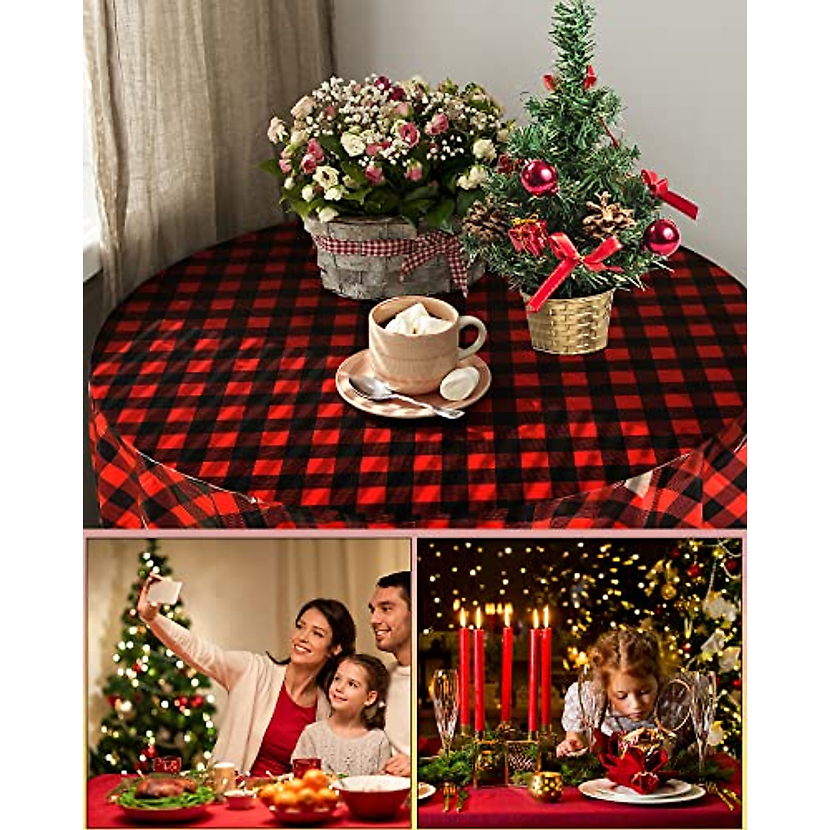 Remagr Christmas Disposable Checkered Tablecloth Round Plastic Buffalo Plaid Table Cloth 84 Inch Waterproof Gingham Cover for Picnic Camping Party Carnival BBQ (Red and Black, 6 Pieces)