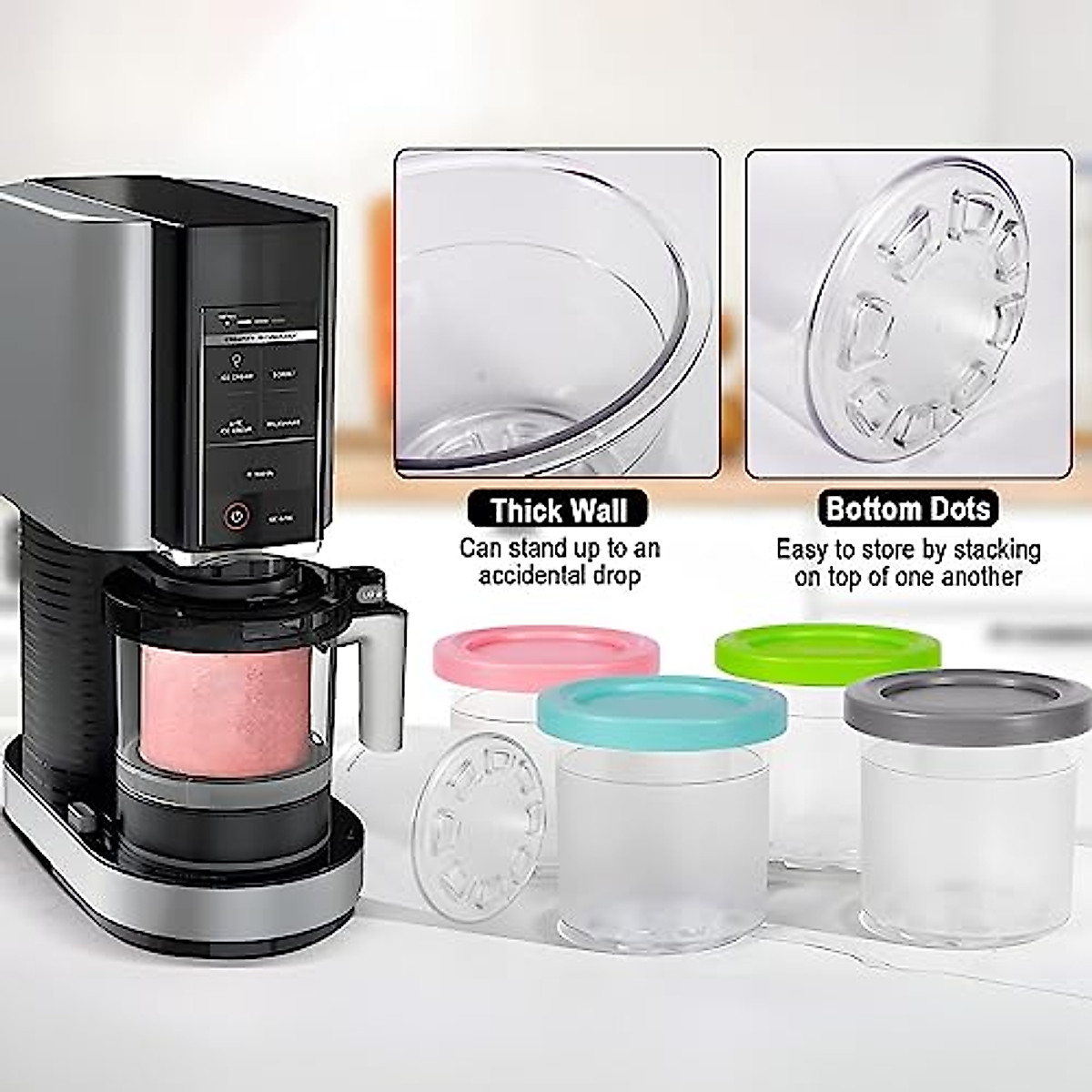 Replacement Pints Container with Silicone Lid for Ninja Pints and Lids, Compatible with NC299AMZ & NC300s Series Ice Cream Makers, 4 Pack 16oz Pint Containers Replacement with Leak Proof Lids, Bpa Free (4PCS)