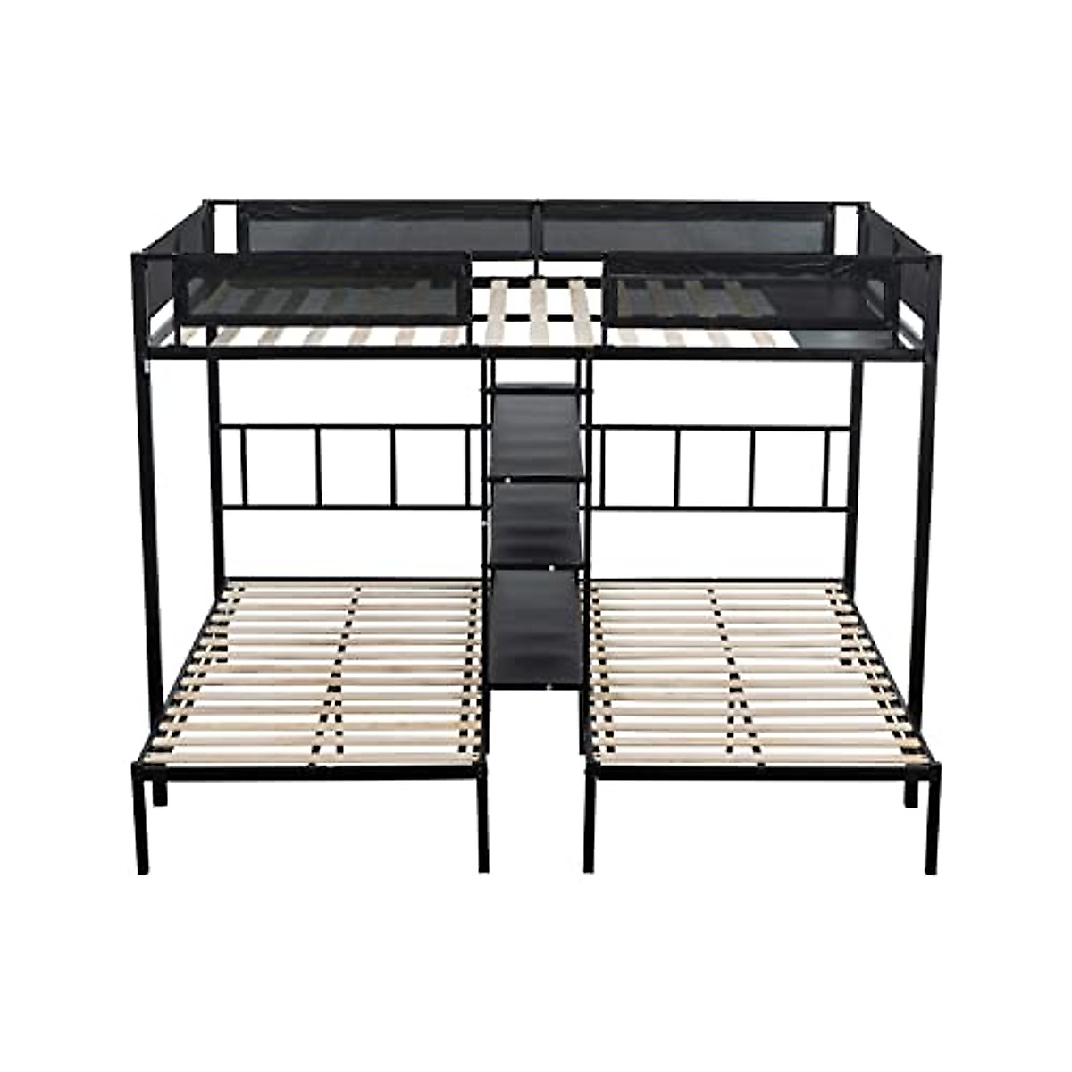 Goohome Full Over Twin and Twin Size Triple Bunk Bed with 4 Shelves, Heavy-Duty Steel Triple Bunk Beds Frame W/Safety Guardrail, Built-in Wood Slat and Ladder, for Kids, Teens, Adults