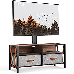 FITUEYES Wood Swivel Floor TV Stand with Mount for 37-75 Inch TVS, Television Stands with Storage for Bedroom - Height Adjustable, Cable Management, Removable Fabric Drawers, VESA 400x600mm, Walnut