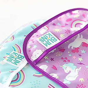 Bumkins Bibs, for Baby Girl or Boy, Infant 3-9 Mos, Essential Must Have for Eating, Feeding, Baby Led Weaning, Mess Saving Waterproof Soft Fabric, Starter Bib 2-pk Unicorns, Rainbows Blue and Purple