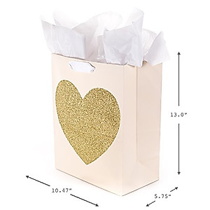 Hallmark 13" Large Gift Bag with Tissue Paper (Gold Glitter Heart) for Birthdays, Bridal Showers, Weddings, Anniversaries, Sweetest Day and More