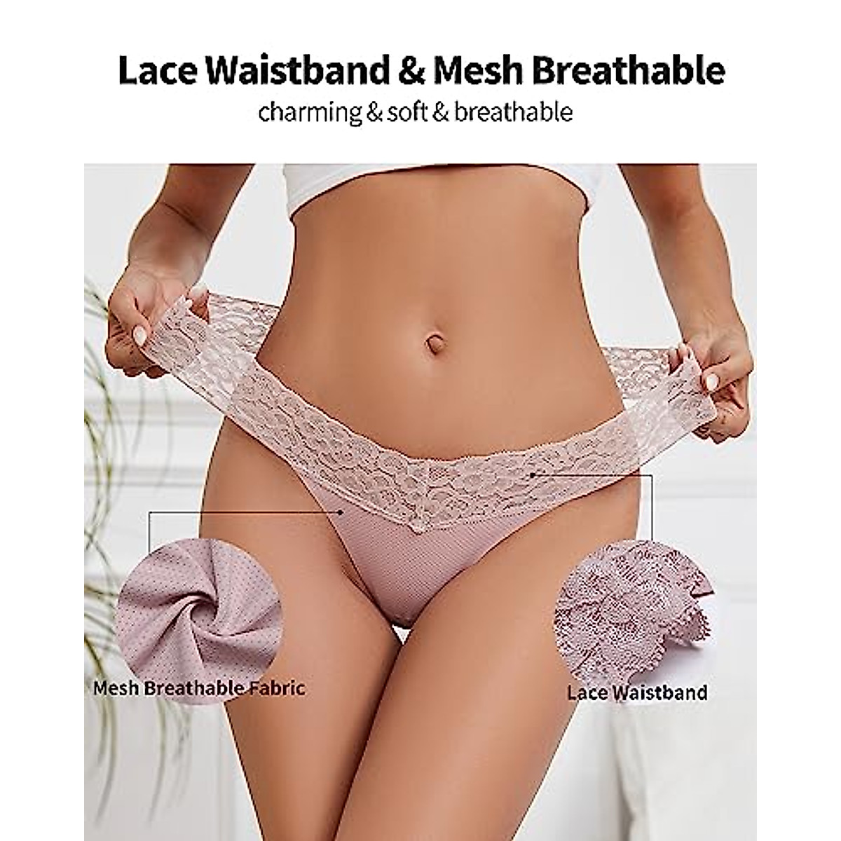 Jaywan Lace Thongs for Women Underwear Breathable Stretch Seamless Lace Thongs T Back Panties for Women 6 Pack S-XL Assorted