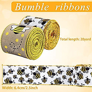 2 Rolls 20 Yards Bee Wired Edge Ribbons Honeybee Canvas Wired Edge Ribbons Black Yellow Wired Edge Ribbon for DIY Craft Wrapping Floral Hanging Ornaments, 2 Styles