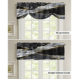 Tie Up Kitchen Curtain Valance Black White Marble with Gold Stripe Adjustable Window Shade Valances Rod Pocket Small Windows Treatment Panel for Bathroom Bedroom,42"x12",Abstract Stone Agate Texture