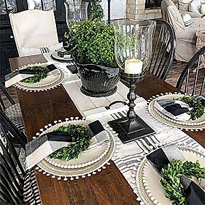 Collive Boho Round Placemat 15 Inch - Farmhouse Woven Jute Fringe Table Mats Set of 4 with Pompom Tassel Place Mat for Dining Room Kitchen Table Decor, White Tribal Folk