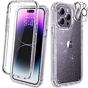 Diaclara Designed for iPhone 14 Pro Max Case 6.7’’ [2023 Upgraded], Full Body Rugged Case w/Built-in Touch Sensitive Anti-Scratch Screen Protector+9H Glass Camera Lens Protector(Clear Glitter)
