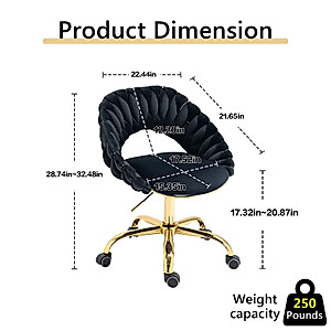 Modern Velvet Office Desk Chair, Upholstered Makeup Vanity Chair with Woven Tufted Back and Gold Base, Swivel Task Chair with Wheels Women Girls Cute Desk Chair for Vanity Room Bedroom Study Black