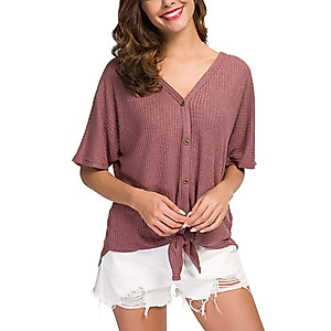 IWOLLENCE Womens Waffle Knit Tunic Blouse Tie Knot Short Sleeve Henley Tops Loose Fitting Bat Wing Shirts Rust Red, XL