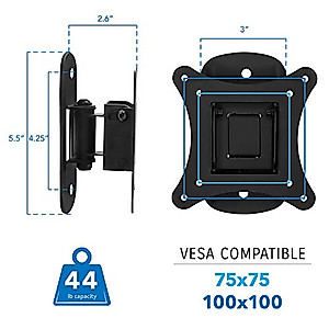 Mount-It! MI-2829 Small TV Monitor Wall Mount | RV TV Mount | VESA Wall Mount | Fits 19 20 21 22 23 24 25 27 32 Inch Screens | 75 100 VESA Compatible | Low-Profile Slim Design | 44lb Capacity