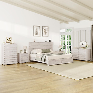 Albott Farmhouse 5 Drawers Dresser, Wood Rustic Chest of Drawers for Bedroom, Tall Dressers Organizer with Hidden Handles for Living Room, Hallway, Entryway, Distressed White