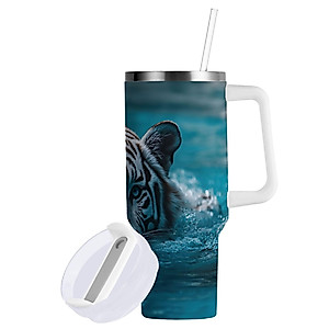 Qilmy 40 oz White Tiger Tumbler with Handle and Straw Lid for Water Iced Tea or Coffee, Stainless Steel Insulated Leak-proof Travel Coffee Mug Cup Gifts