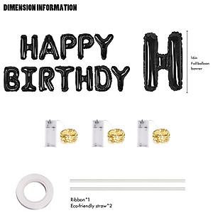 CANREVEL Happy Birthday Banner 13pcs 16 Inch Mylar Foil Letters Sign Balloons with LED Lights Birthday Party Decorations for Kids and Adults - 3D Black