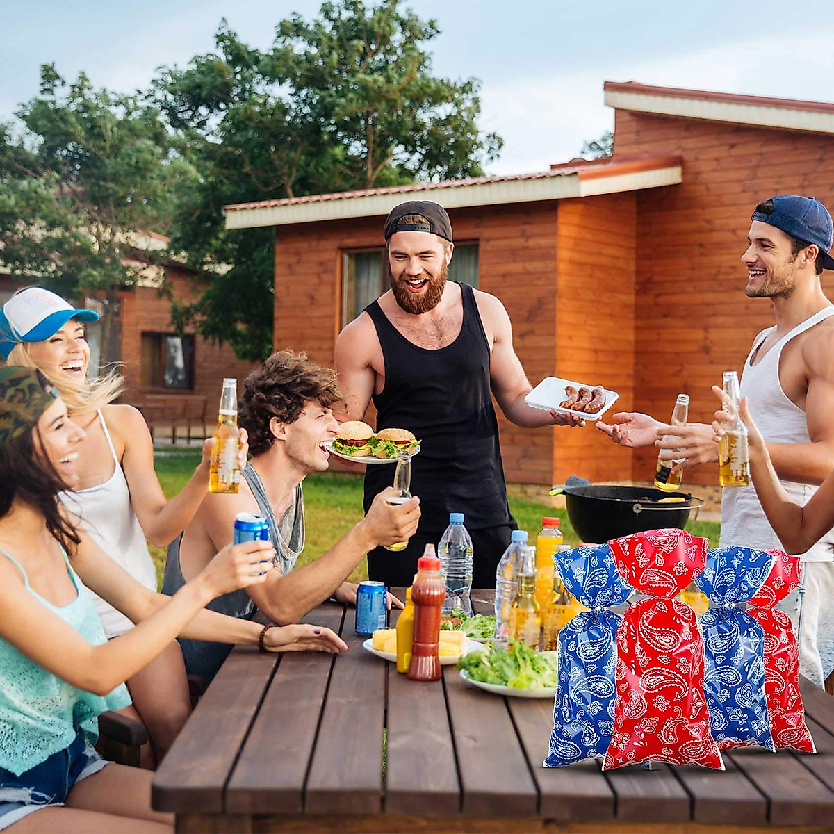 Sumind 100 Pieces Plastic Candy Bags Red Blue Western Party Treat Bags, Bandana Cellophane Goodie Favor Bags with 100 Silver Twist Ties for Kids Western Cowboy Birthday Party Supplies