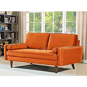 Container Furniture Direct Velvet 58" Loveseat Sofa Couch for Living Room, Classic Mid-Century Style with Modern Silhouette, Button Tufting and Wood Legs, Includes 2 Bolster Pillows, Orange