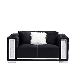 Melpomene Black Velvet Loveseat Sofa,Handmade Button Tufted Square Arm withFaux Diamonds, Mirrored Trim,Silver Metal Legs