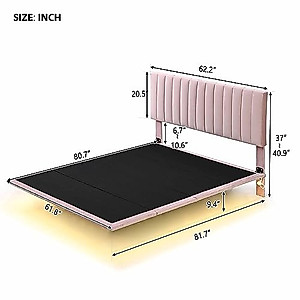 RIDFY Queen Floating Bed Frame with LED Lights/Headboard, Modern Velvet Fabric Platform Bedframe, Mattress Foundation Camas/Wood Slat Support/No Box Spring Needed/Noise Free,Pink