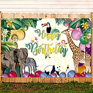 Happy Birthday Banner for Jungle Safari Theme Birthday Party Decorations, Fabric Animal Zoo Theme Birthday Party Backdrop Tropical Forest Poster for Boys Girls Birthday Party Wall Supplies, 185*110cm