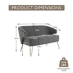 QQU Modern Velvet Loveseat Sofa, Comfy Upholstered Seat Couch with Metal Legs, 2-Seater Accent Sofa Chair, Living Room Sofa with Tufted Backrest, Grey