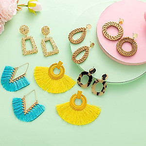 Honsny Boho Tassel Earrings for Women, Rattan Earrings Resin Acrylic Earrings Fashion Geometric Hoop Woven Bohemian Fun Earring Drop Dangle Statement Big Earrings Set