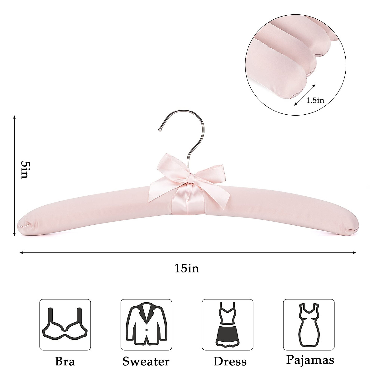 NEOVIVA 15 Inch Anti Slip Satin Padded Clothes Hangers for Women Pink Satin Padded Hangers for Women Clothing, No Shoulder Bump Hangers for Adult, Silk Hangers for Sweaters, Dresses, Suits (10 Pack)