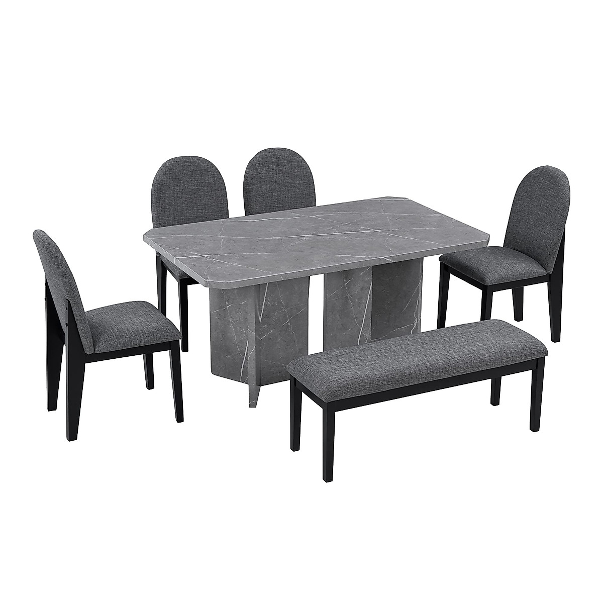 Merax 6 Pieces Dining Table Set with 4 Chairs and 1 Bench,Modern Faux Marble Kitchen Furniture, Gray