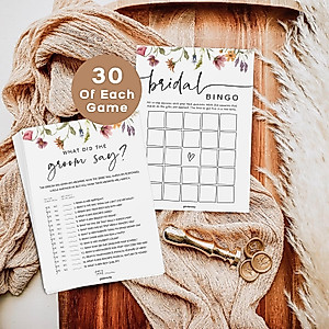 Bridal Shower Games - 4 Bridal Shower Games for 30 Guests, (He Said She Said, Would She Rather, Bridal Bingo, What Did The Groom Say), Double-Sided Cards (Wildflower)