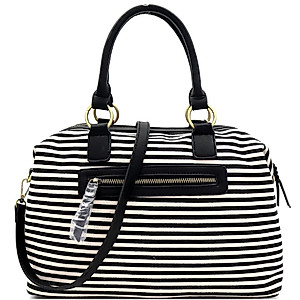 Boho Tassel Leaf Charm Aztec & Stripe Embroidered Canvas Satchel Tote Handbag Purse (Embroidered Satchel - Black/Black)