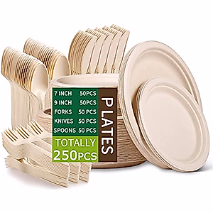 Paper Plates Heavy Duty,Paper Plates Set,Dinner Plates Set,Sugarcane Disposable Paper Plates Set Eco,9 Inch and 7 Inch Party Plates,Forks,Knives and Spoons Set for 50 People [250 PCS]