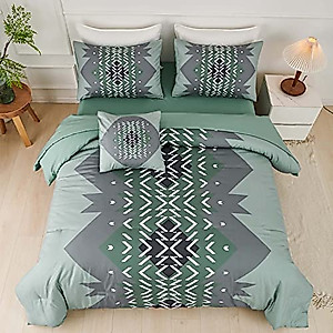ANGIYUIN 6Pcs Boho Sage Green Comforter Set, Full Size Bed in a Bag, Ultra Soft Microfiber Bedding Set, Western Geometric Lightweight Comforters (Full, Green)