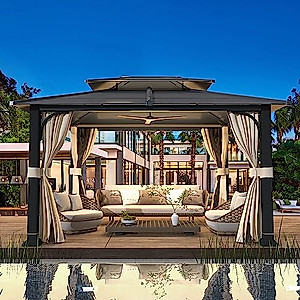 Erinnyees 12' x 14' Hardtop Gazebo,Iron Double Roof Gazebo with Curtains and Netting, Waterproof Canopy Gazebo with Anti-Rust Coating Frame for Patios, Gardens, Lawns, and Backyard