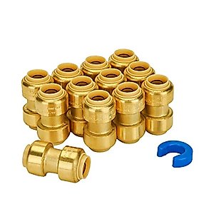SUNGATOR Fittings 1/2 Inch, Pushfit Plumbing Fittings 1/2 Inch, Push 1/2 Inch Coupling Fittings, No Lead Brass Push to Connect Fittings for Pex, Copper, CPVC, with 1 Disconnect Clip, Pack of 12