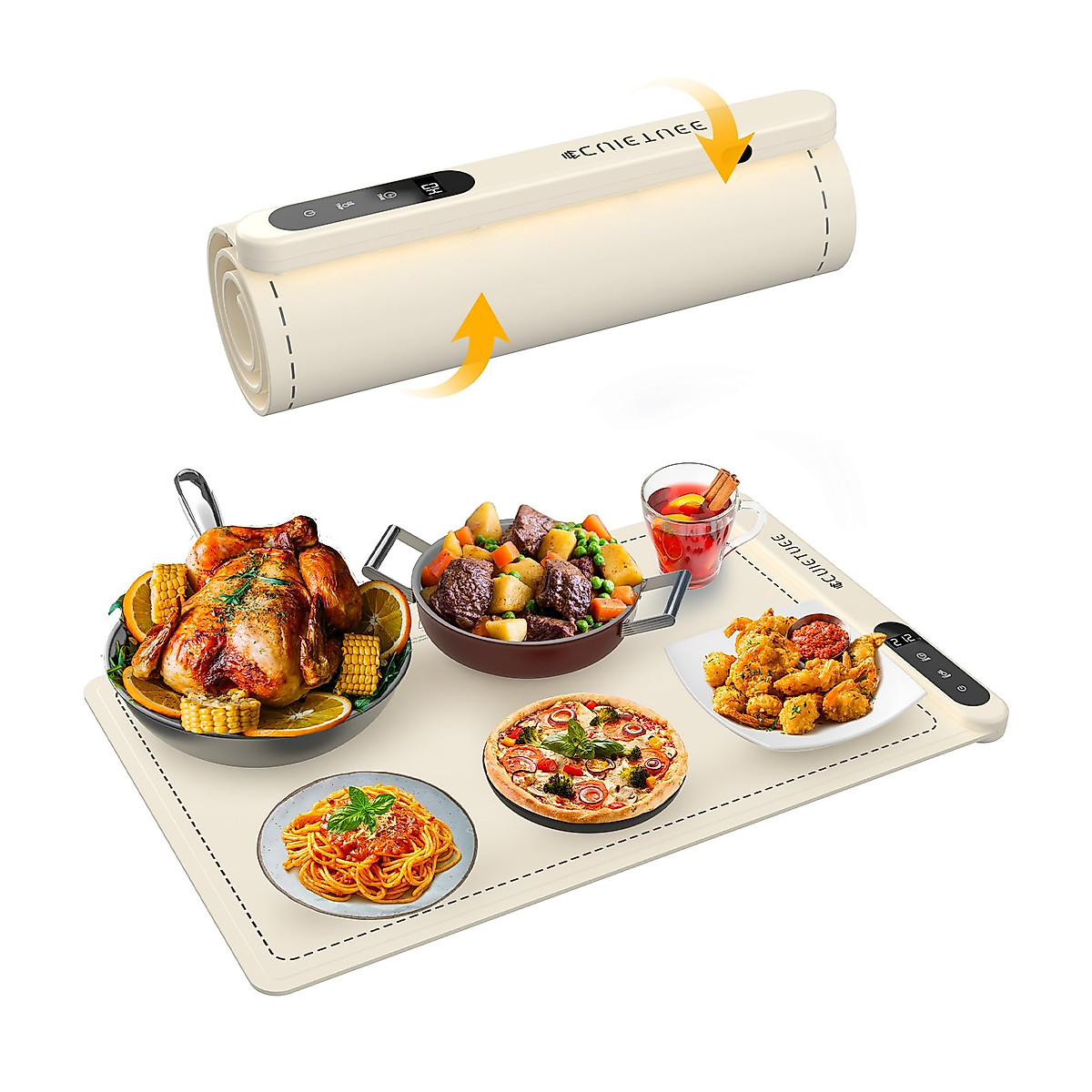 CuieTuee Electric Warming Tray 500W Upgraded Graphene Heat-Conducting Material, Rollable and Portable Food Warming Mat 6 Temperature Settings for Gatherings Parties Home Buffets Daily Use, Beige