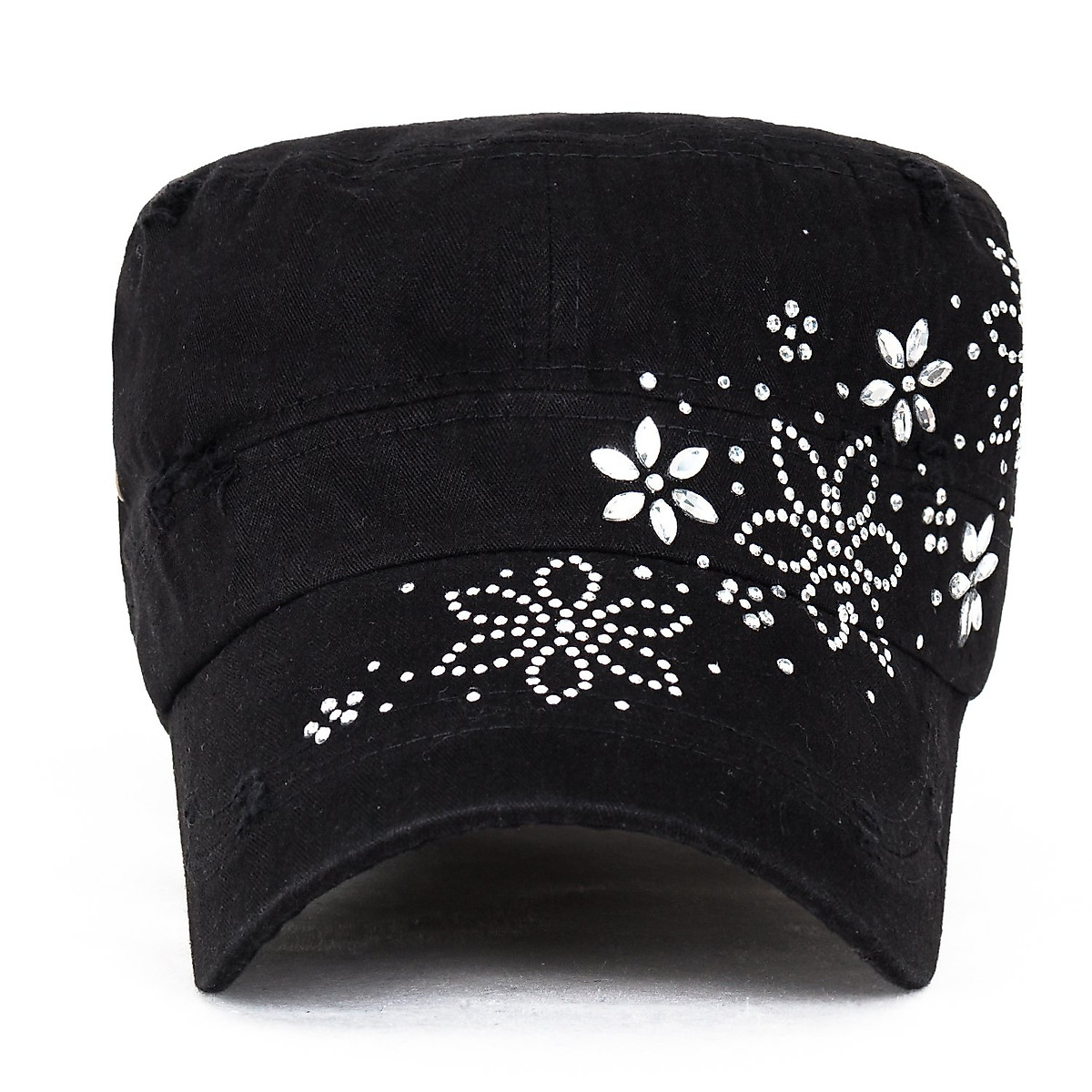 ililily Crystal Gemstone Stud Flower Vintage Cotton Military Army Hat Cadet Cap, Black