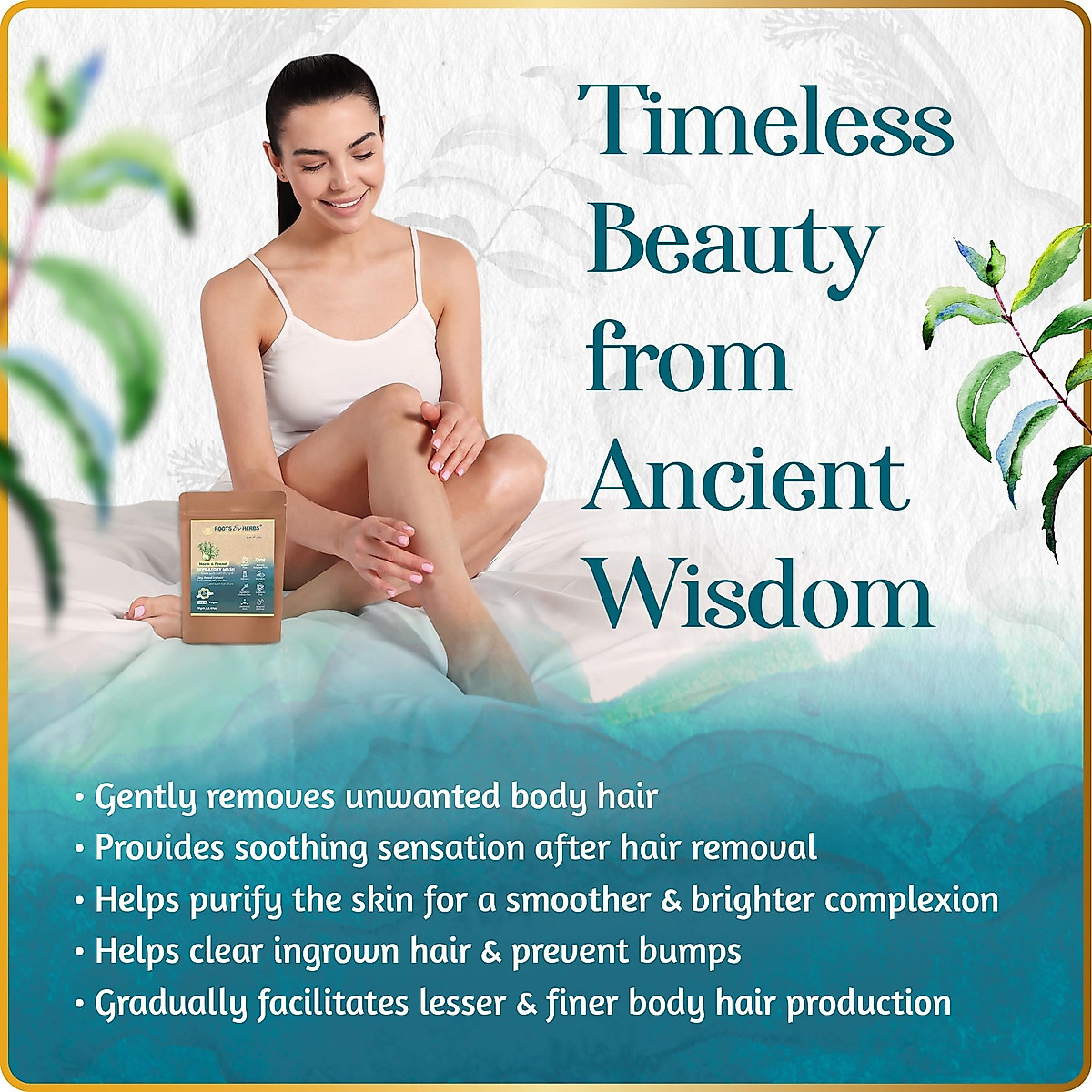 Neem & Fennel Hair Removal Mask - Bikini Hair Removal for Women’s & Men’s Legs, Underarm, & Chest,- Depilatory Powder Body Hair Remover with Ayurvedic Herbs for All Skin Types - Roots & Herbs, 2.47oz