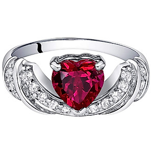 PEORA Created Ruby Heart Ring for Women in Sterling Silver, Statement Solitaire Design, 1.75 Carats total, Comfort Fit, Size 8