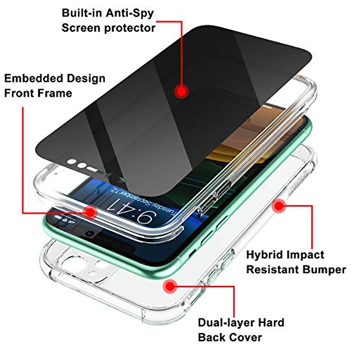 SURITCH Clear Case for iPhone 11, 【Privacy Screen Protector】【Edge to Edge】 Anti Spy Film Full Protection Hard Cover Hybrid TPU Bumper Rugged Case Anti Scratch Shockproof for iPhone 11 6.1"(Clear)