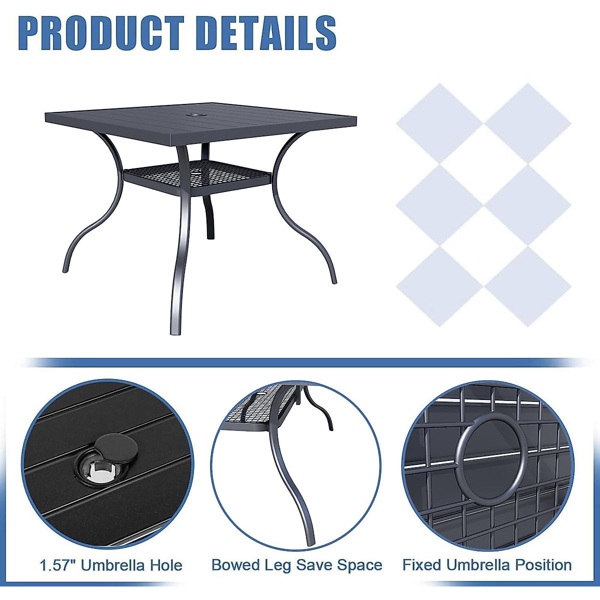 Omelaza 5 Pieces Patio Outdoor Dining Furniture Set, 4 Metal Swivel Chairs and 37" Square Bistro Table with Umbrella Hole, for Backyard, Patio, Lawn, Garden, Classic Black