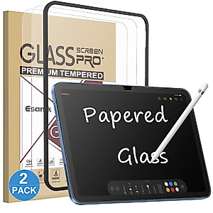 Esanik 2 Pack Like Paper Glass Screen Protector for iPad 10.9 10th Generation (2022, 10.9 Inch) 9H Tempered Glass Film with Alignment Frame, Writing Like on Paper, Anti Glare, Apple Pencil Compatible