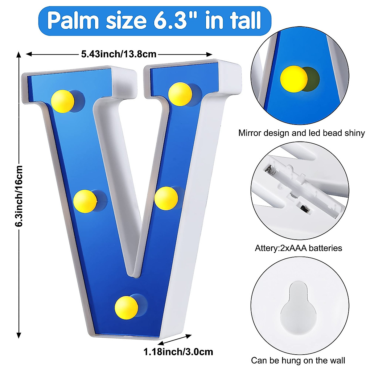 Led Marquee Letter Lights Sign Light Up Letters for Home Cafe Bar Party Wedding Birthday Christmas Decoration Battery Operated Alphabet Initials Lamp Letters Night Lights in Bedroom (Royal Blue, V)