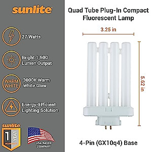 Sunlite 40530 FML27/30K/2PK Quad Tube Plug-in Compact Fluorescent Lamp, FML 4-Pin, 27 Watts, 1500 Lumens, 3000K Warm White, 4-Pin (GX10q4) Base, 120 Volts, 2 Pack