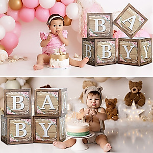 RUBFAC Rustic Floral Brown Baby Boxes with Letters for Baby Shower, 4pcs Baby Shower Decorations for Girls Baby Blocks Birthday Party Gender Reveal Photo Props for Girl Boy