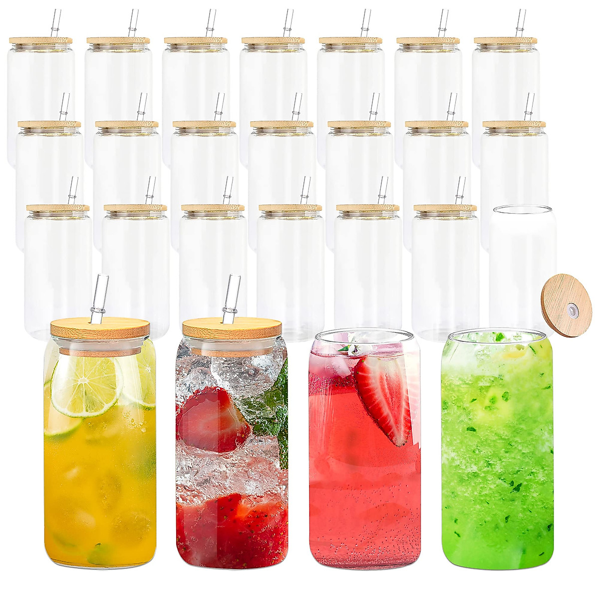 VACVOU 25 Pack 16oz Beer Can Glass with Lids and Straw, Can Shaped Glass Cups,Glass Cup,Beer Glasses Drinking Glasses Bulk (Transparent)