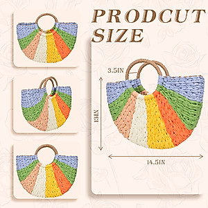 QZUnique Straw Handbags Rainbow Stitching Top Handle Tote Women's Summer Beach Natural Casual Satchel Shoulder Bag