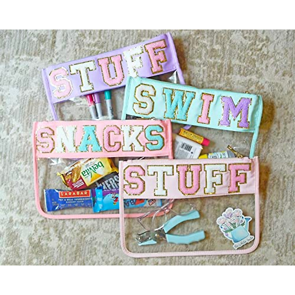 Clear Pouch with Patches, Varsity Letter Patches, Personalized Gift, Clear Bag, Makeup Bag, Snack Bag Pouch for Travel (Snacks (blue))