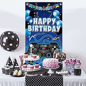 Video Game Happy Birthday Party Supplies Video Gaming Door Banner - Blue Gamer Room Door Backdrops Decor for Boy - Game Controller Themed Birthday Door Cover Decoration