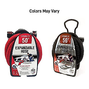 AquaStretch Expandable Garden Hose 50 ft, Lightweight, Heavy-Duty, Stretchable, Flexible Water Hoses with Storage Reel Rack, Fits All Standard Nozzles and Taps, Comes in Black or Red, Colors vary